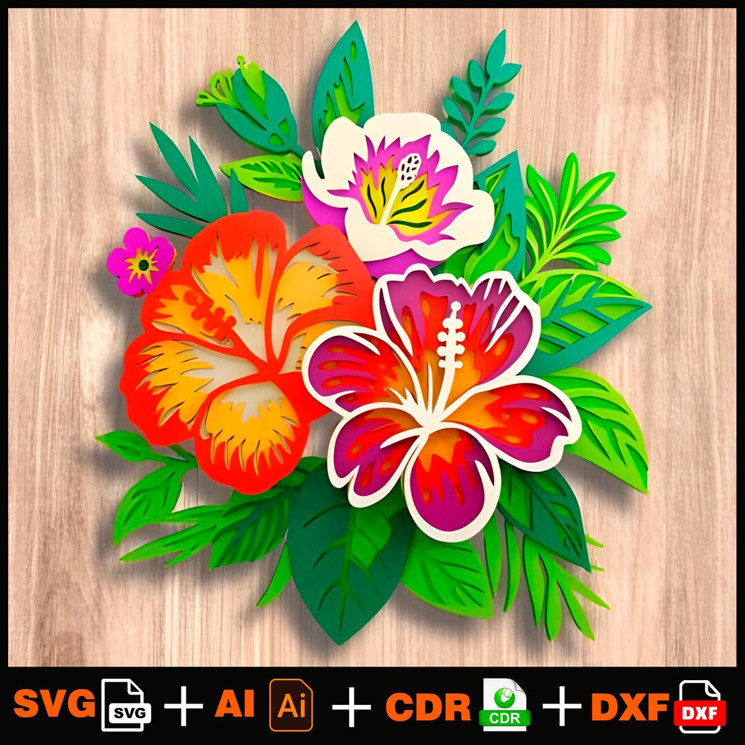 Hibiscus Flower 3D SVG Multilayer | Vector Files for Wood Laser Cutting ...