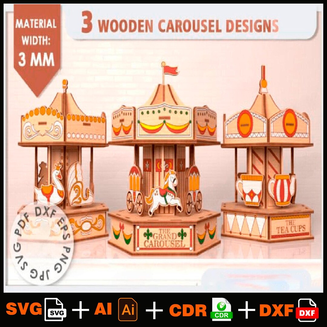 Wooden Carousel 3mm [3 Set] | Vector Files for Wood Laser Cutting ...