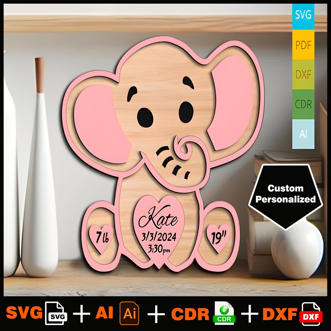 Elephant Baby Announcement Sign Newborn | Vector Files for Wood Laser ...
