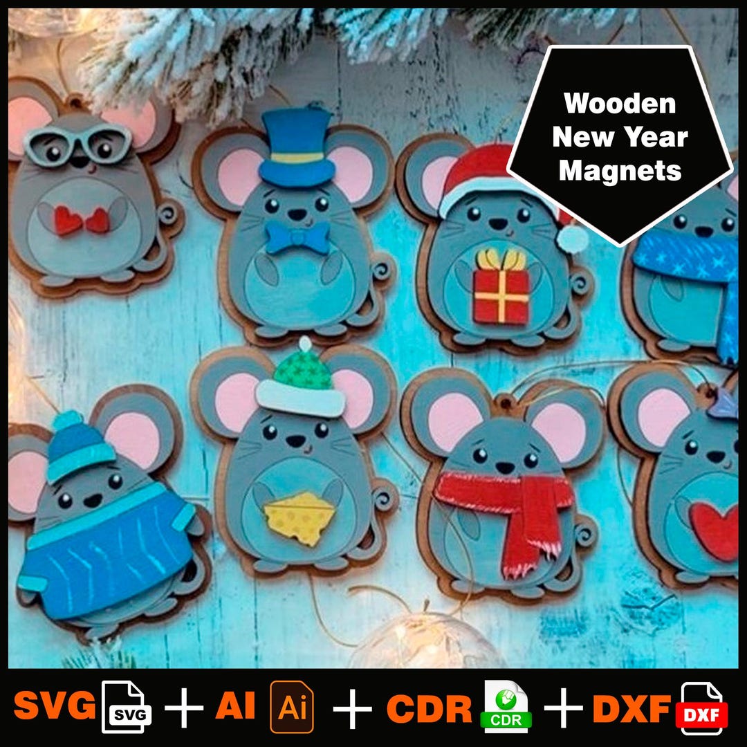 Wooden New Year Magnets Vector Files for Wood Laser Cutting Glowforge ...