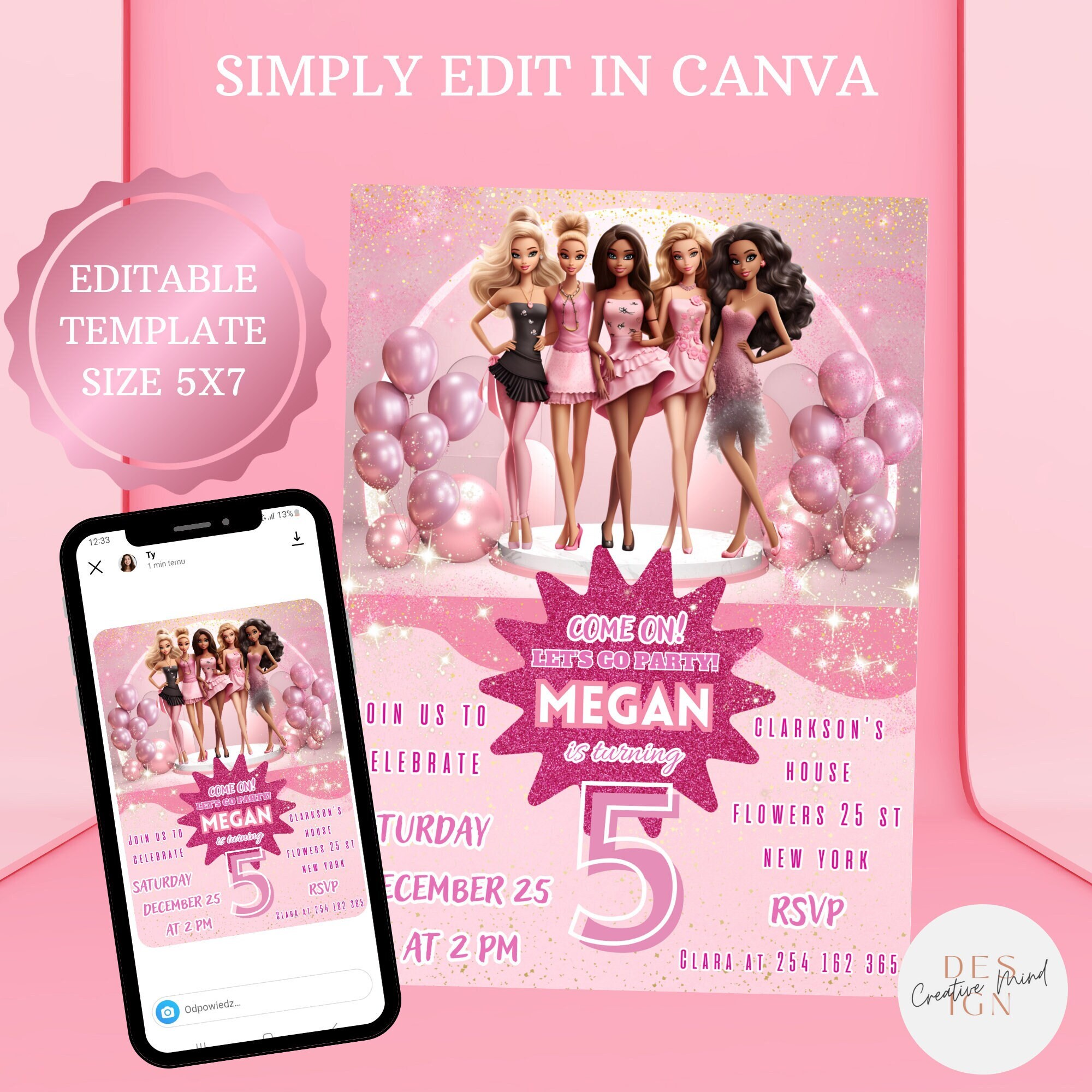 Dolls Pink Birthday Party Invitation, Pink Doll Party Printable ...