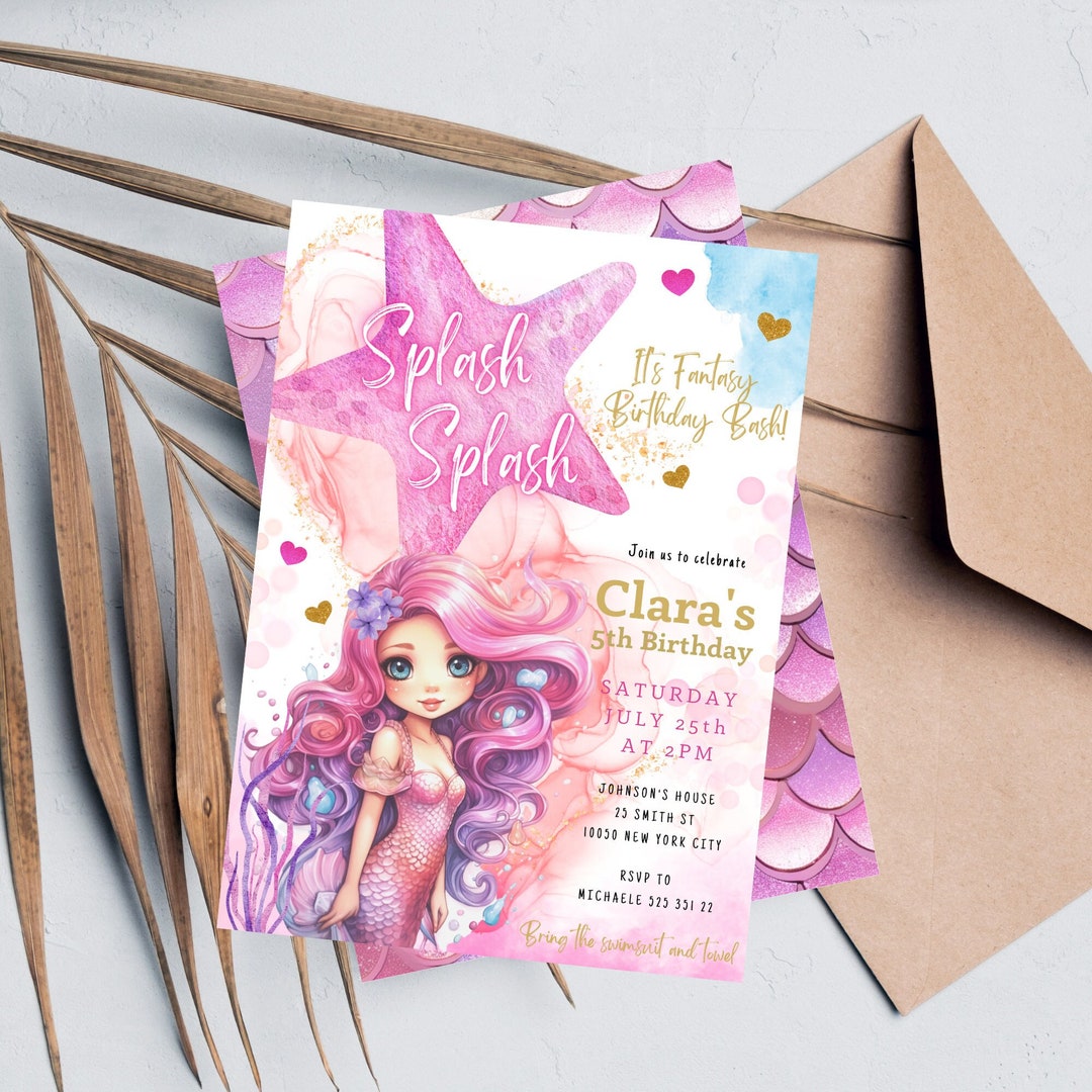 Mermaid Birthday Party Invitation, Girl Blush Splash Pink Mermaid ...