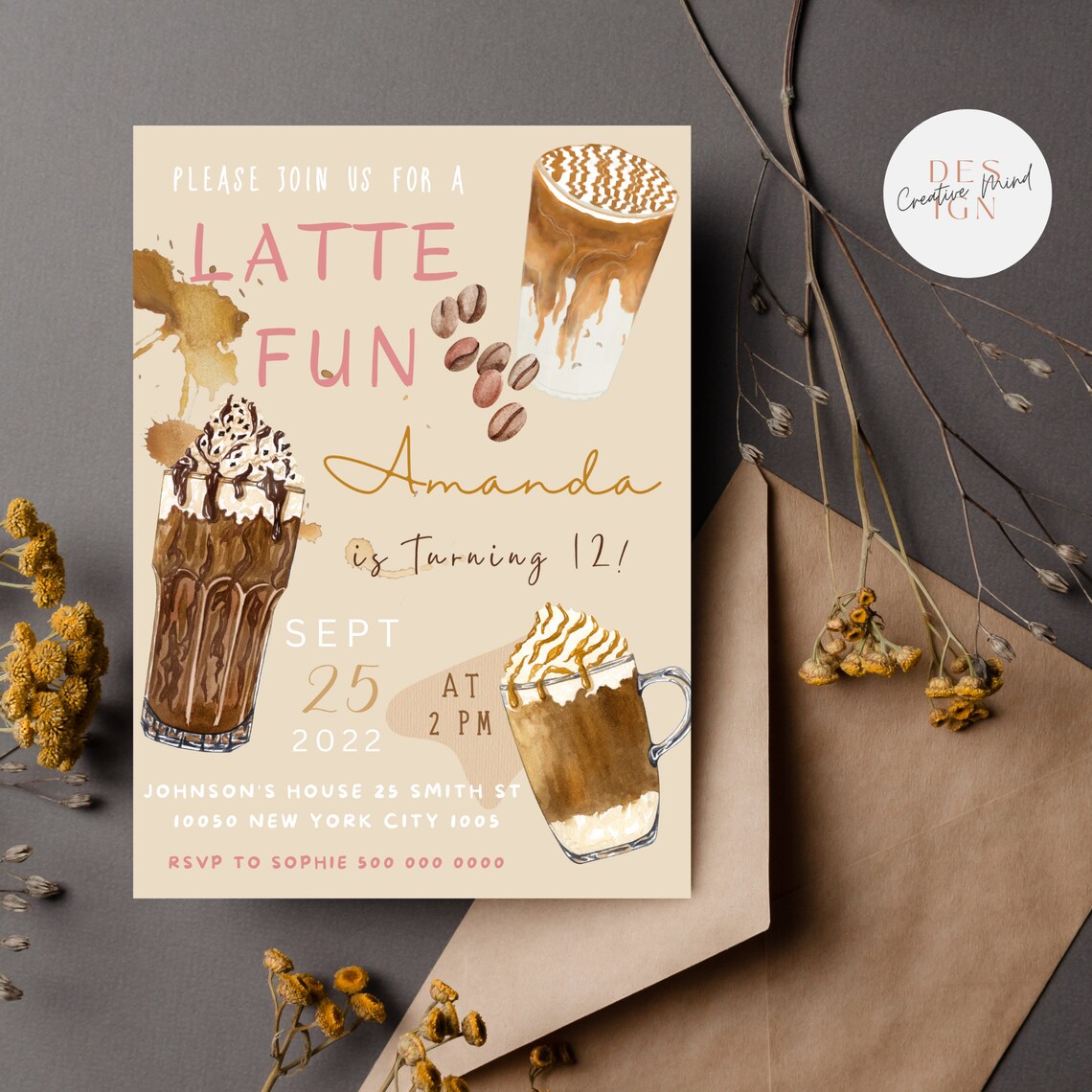 Coffee Birthday Invitation, Latte FUN Birthday Invite, Neutral Colours ...