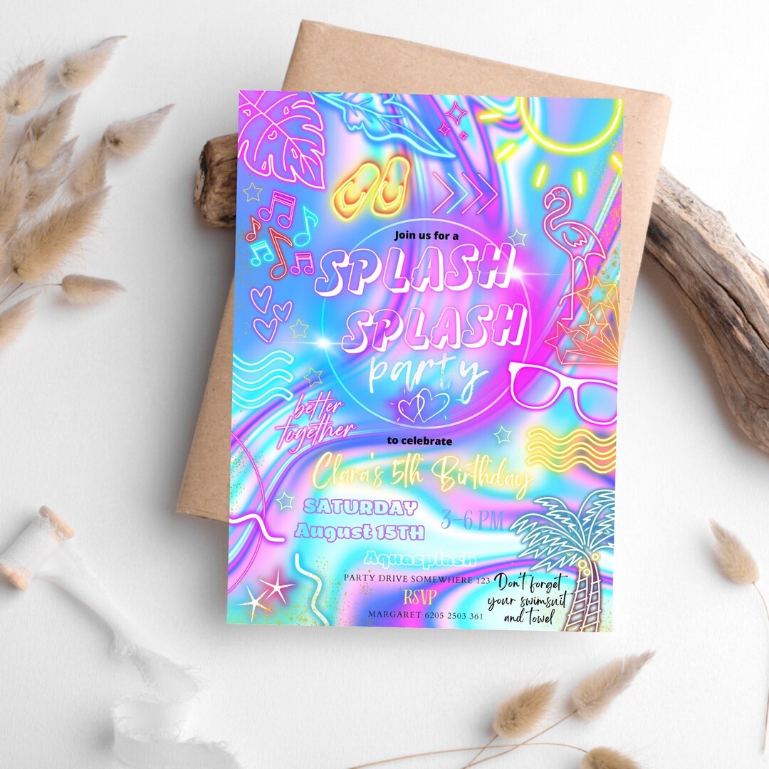 Summer Neon Birthday Party Invitation Glow Neon Summer Water Slide ...