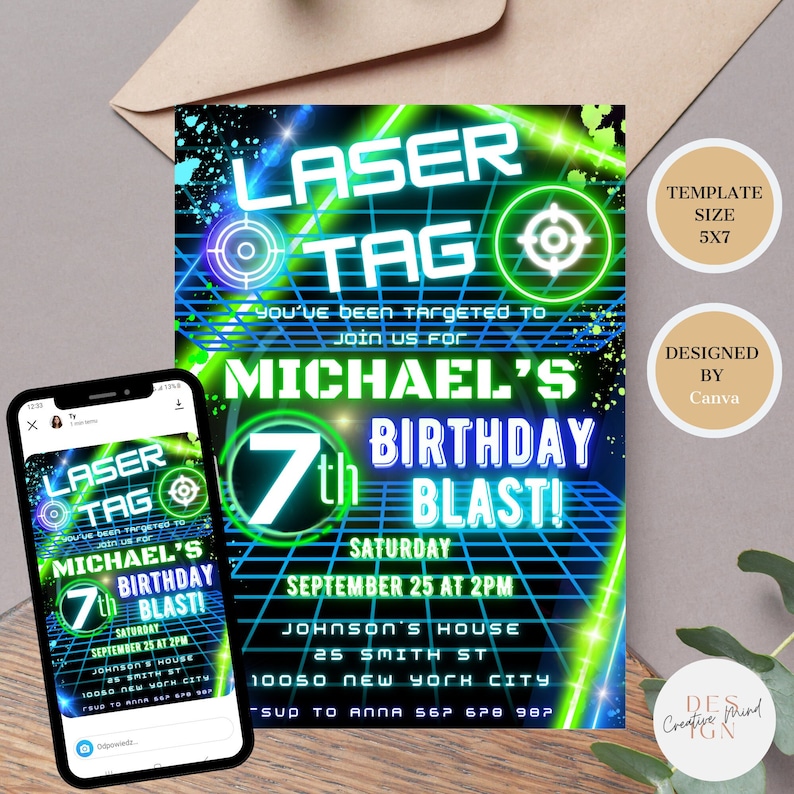 Laser Tag Birthday Invitation, Neon Laser Tag Invite, Glow Laser Tag ...