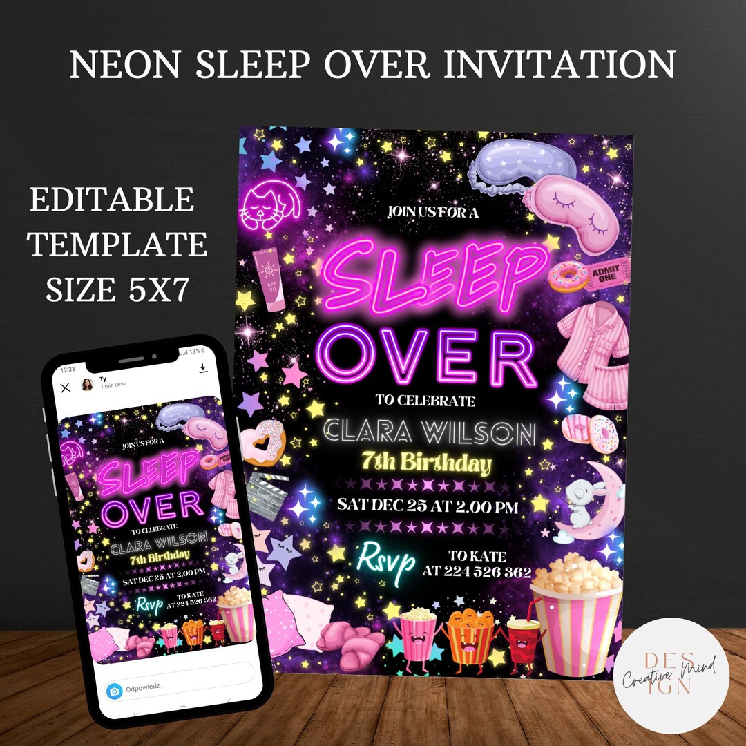 Sleep Over Birthday Invitation, Slumber Party, Pajama Party, Retro Neon ...