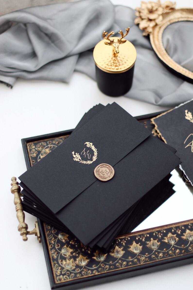 Custom Black Paper,gold Stamped Envelope Sealed Wedding Invitation ...