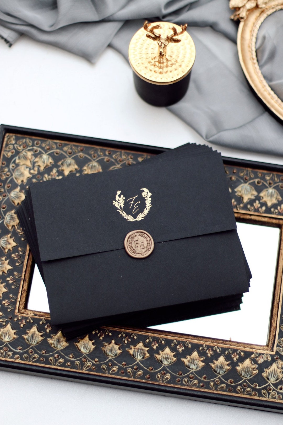 Custom Black Paper,gold Stamped Envelope Sealed Wedding Invitation ...