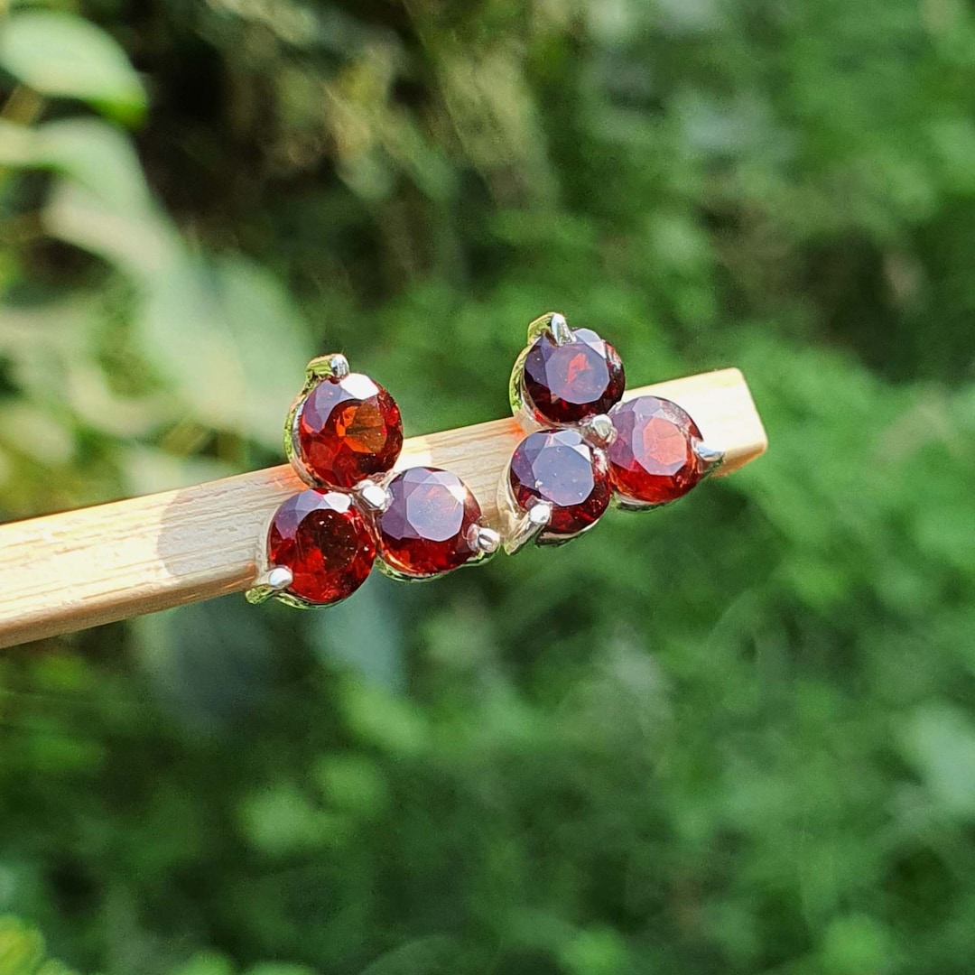 Tiny Three Dot Trio Red Garnet Stud Earrings in Sterling Silver With Sparkly Pyrope Garnet ...