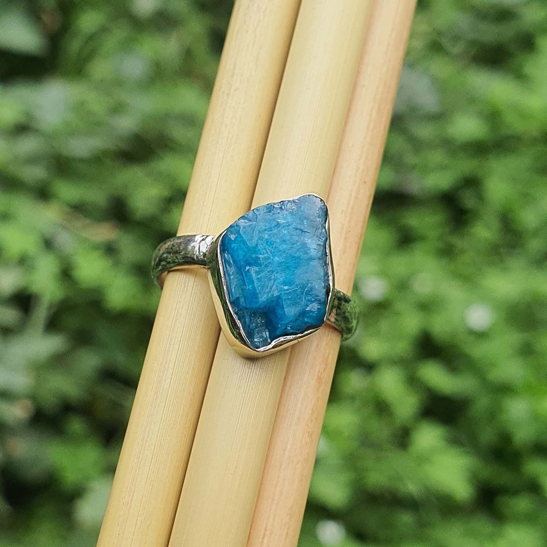 Raw Apatite Ring | Neon Blue Apatite Ring Sterling Silver | Rough ...