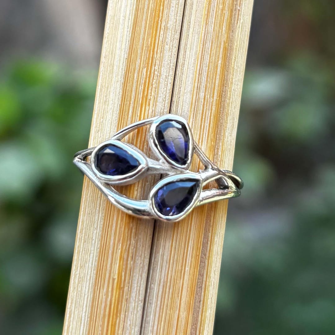 Three Birthstone Iolite Engagement Ring for Women | Pear Cut Iolite ...