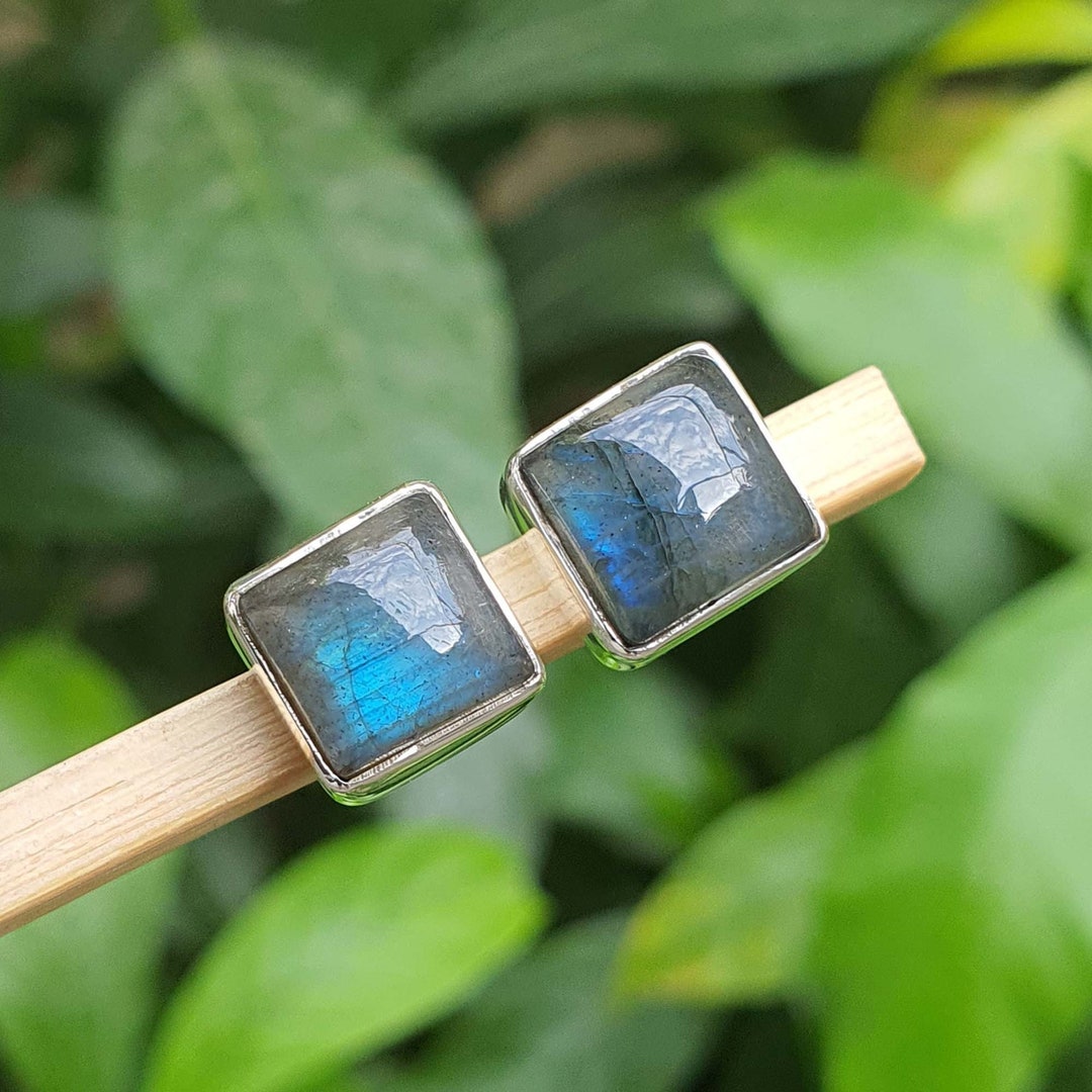Square Cut Labradorite Stud Earrings for Women | Sterling Silver ...
