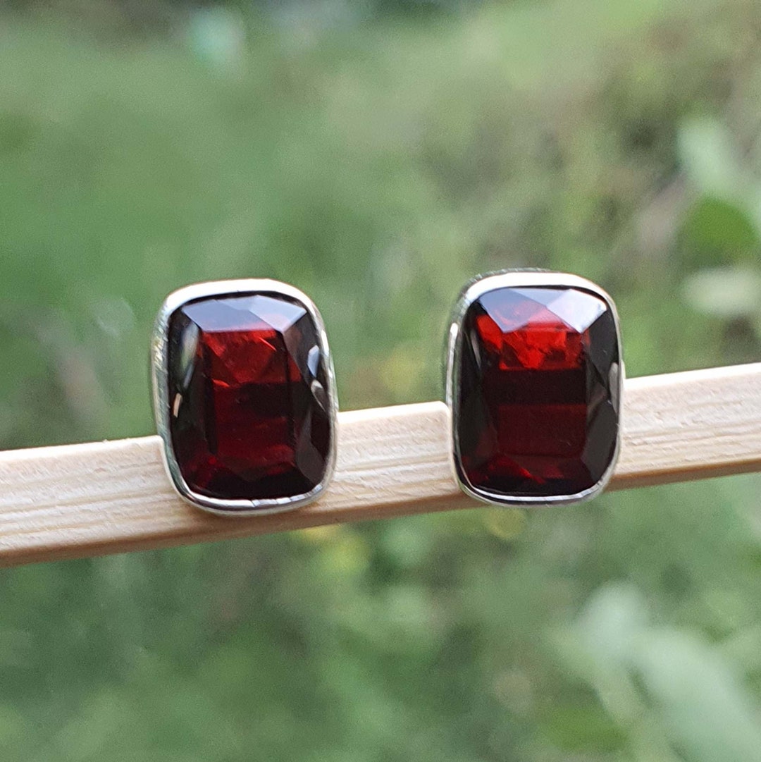 Emerald Cut Minimalist Pyrope Garnet Gemstone Solid 925 Sterling Silver ...