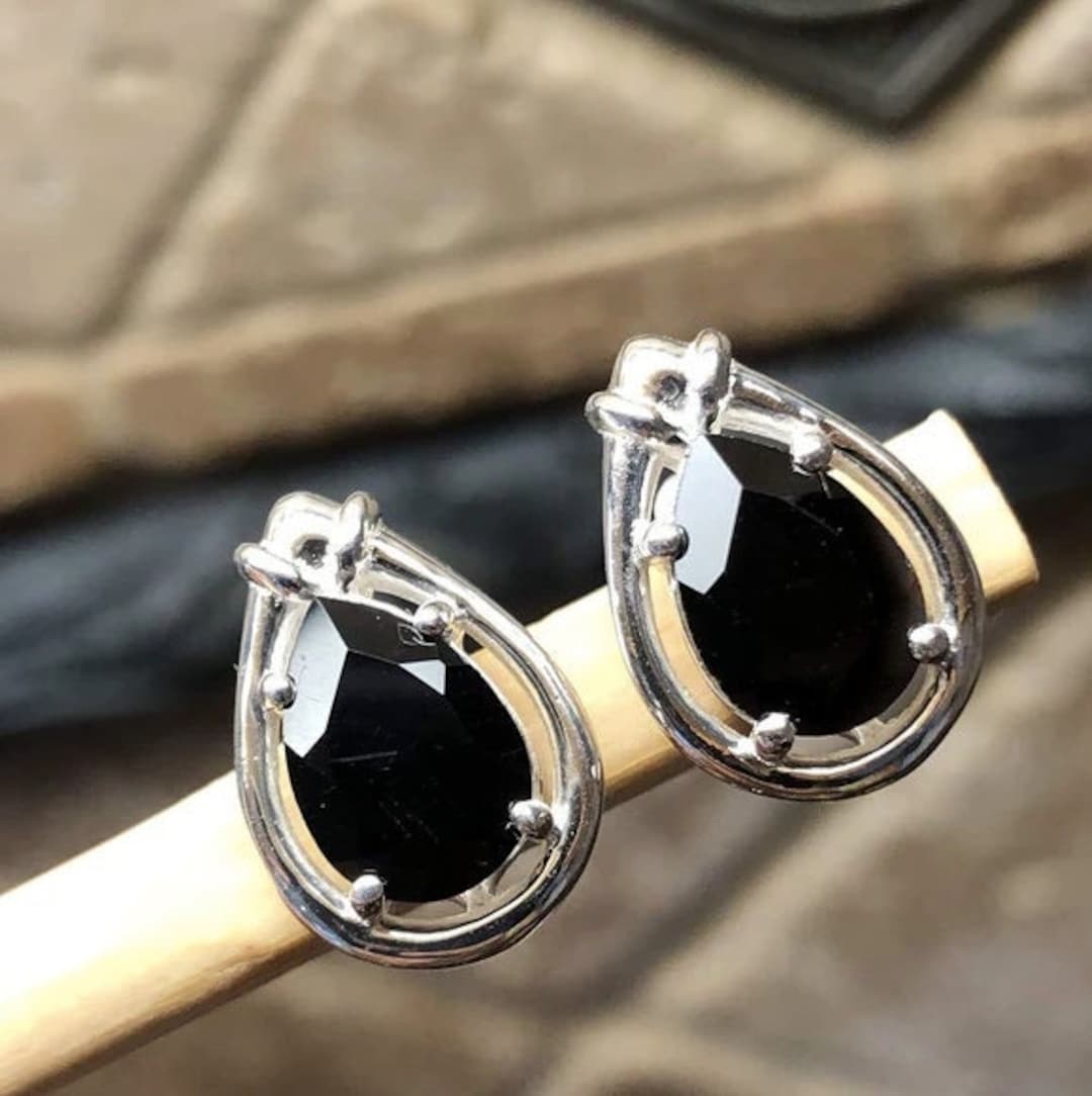 Pear Cut Black Onyx Earrings for Women 925 Silver Stud Earrings ...