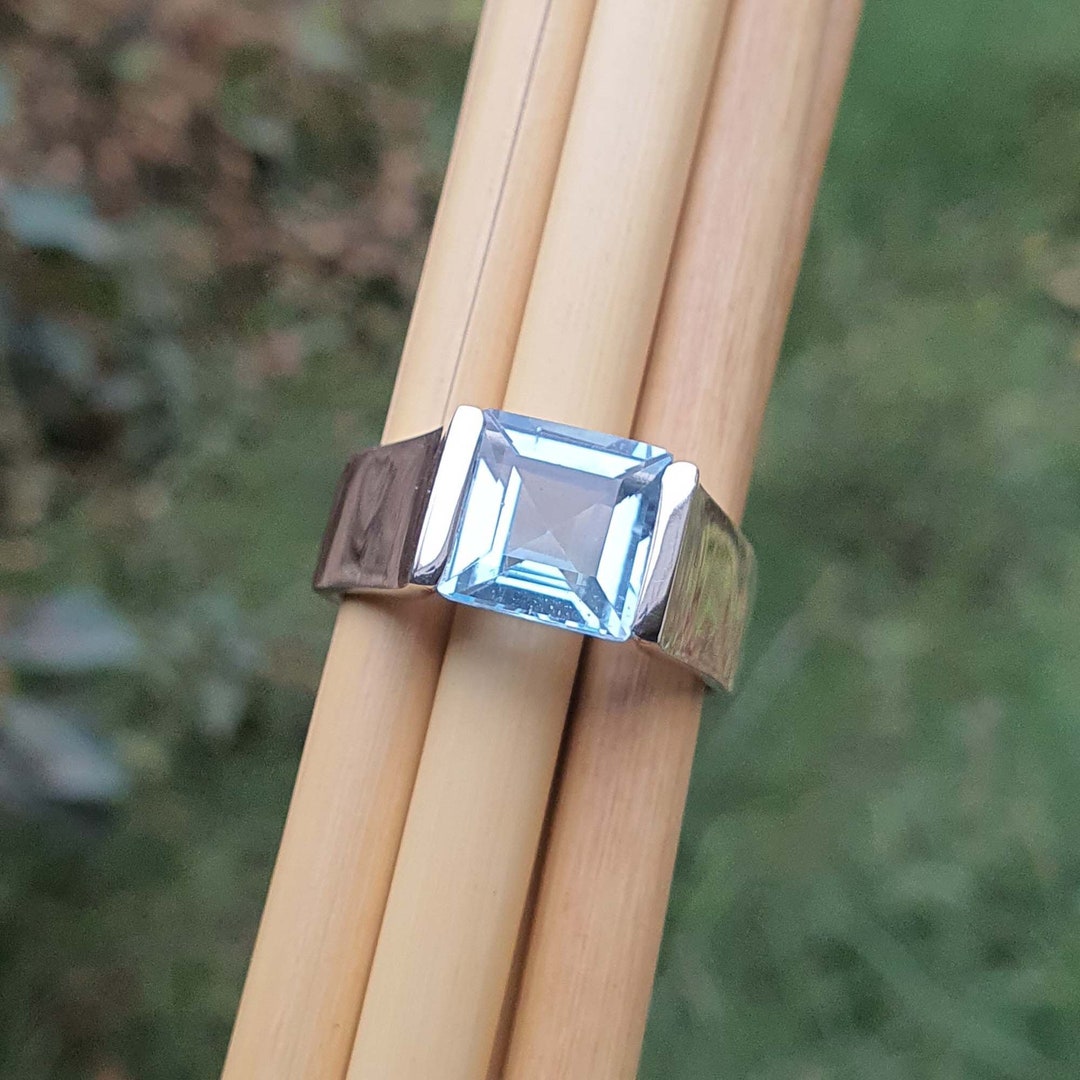 Square Cut Blue Topaz Ring for Him | Fathers Gifts | Sterling Silver ...