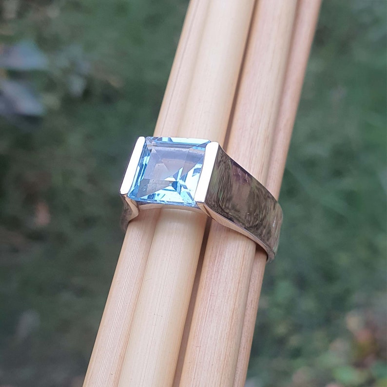 Square Cut Blue Topaz Ring for Him | Fathers Gifts | Sterling Silver ...
