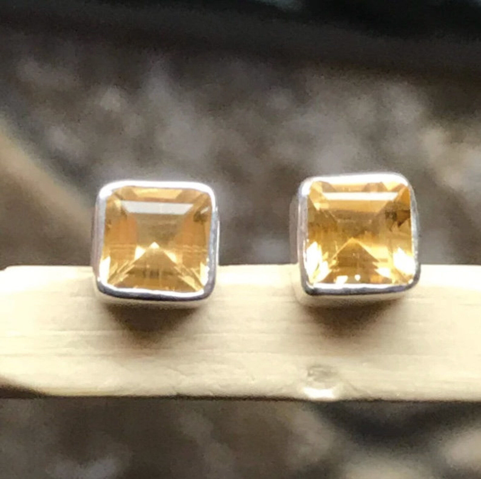 Square Cut Citrine Stud Earrings for Men | November Birthstone | Golden ...