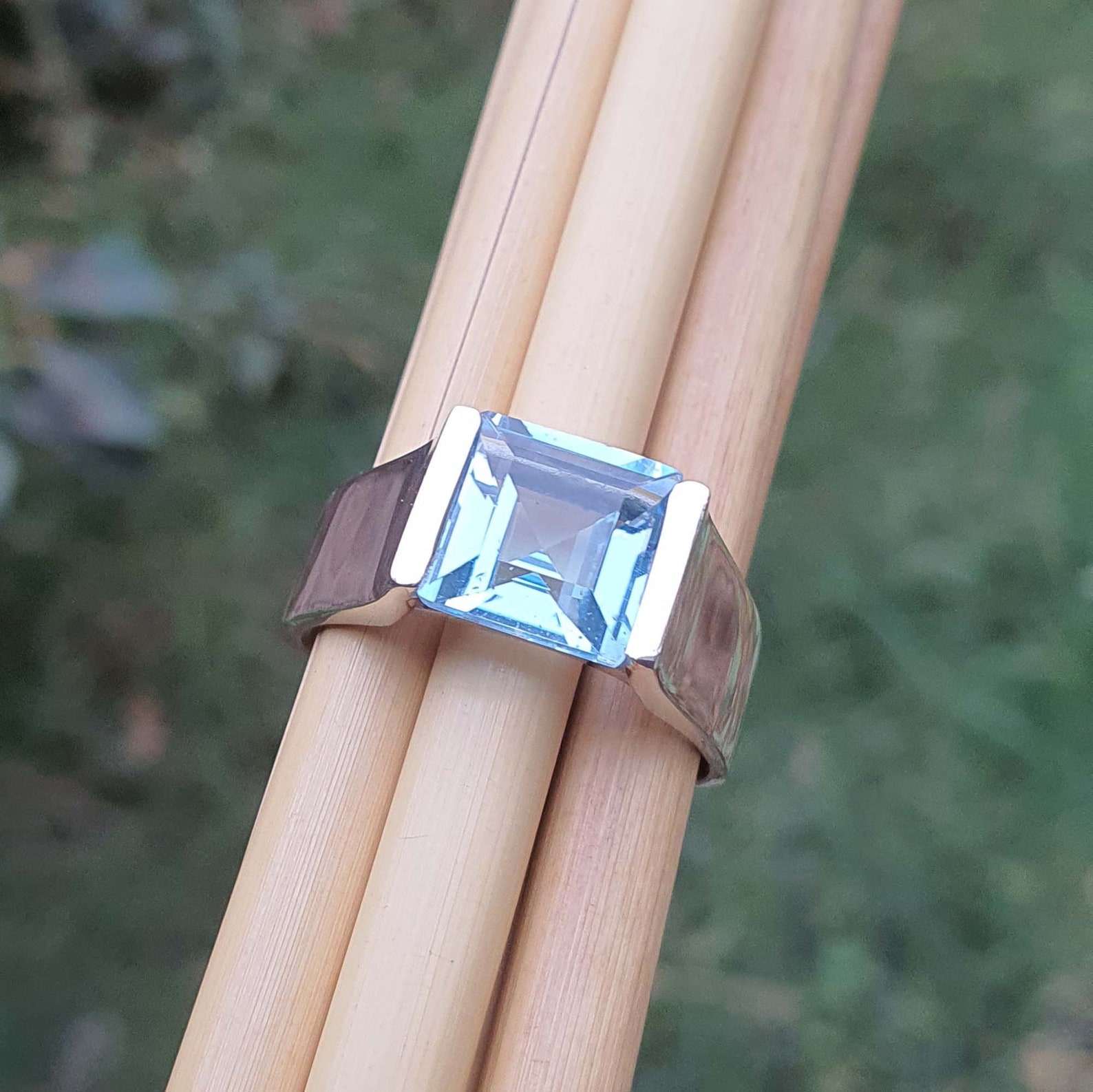 Square Cut Blue Topaz Ring for Him | Fathers Gifts | Sterling Silver ...