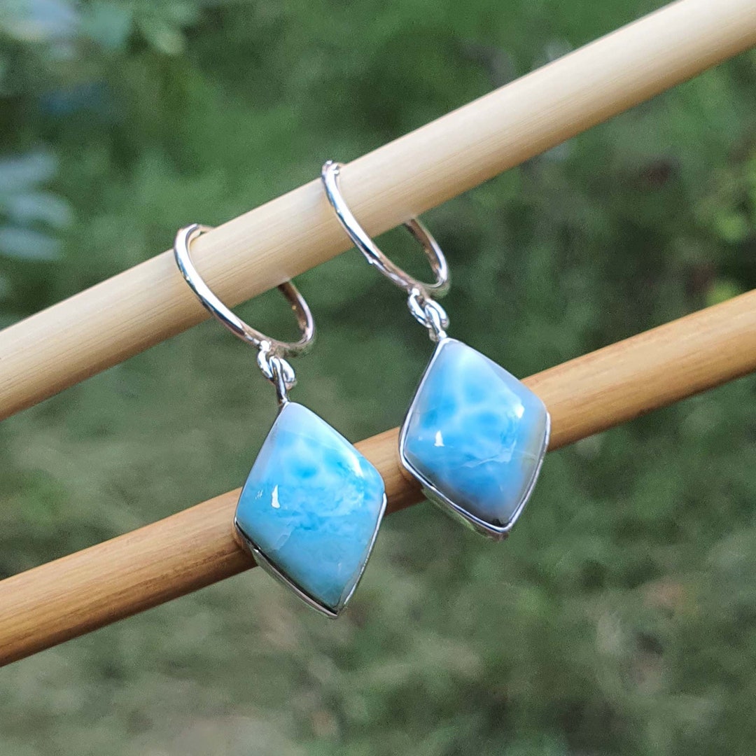Silver Hoop Earrings With Larimar Gemstone | Blue Larimar Earring ...