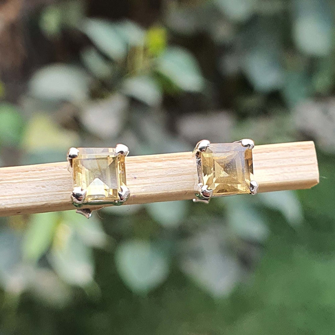 Square Cut Citrine Stud Earrings for Men | November Birthstone | Golden ...