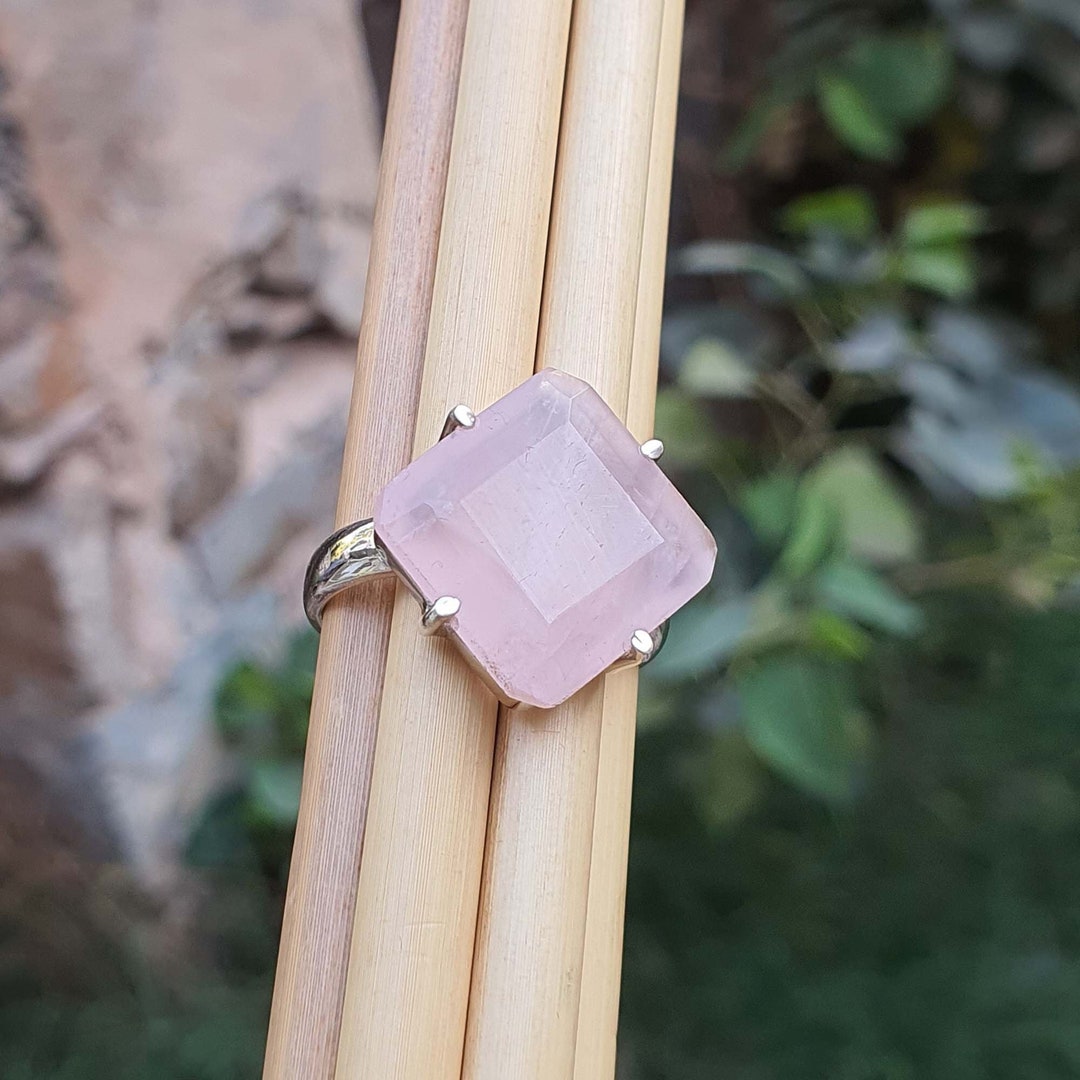 Square Pink Quartz Ring | Rose Quartz Ring Sterling Silver | Healing Crystal Ring | January Rose ...