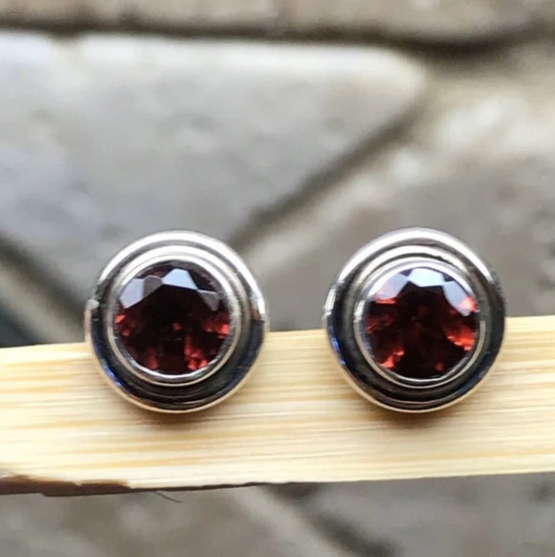 Garnet Studs Round Stud Earrings for Men 925 Sterling - Etsy