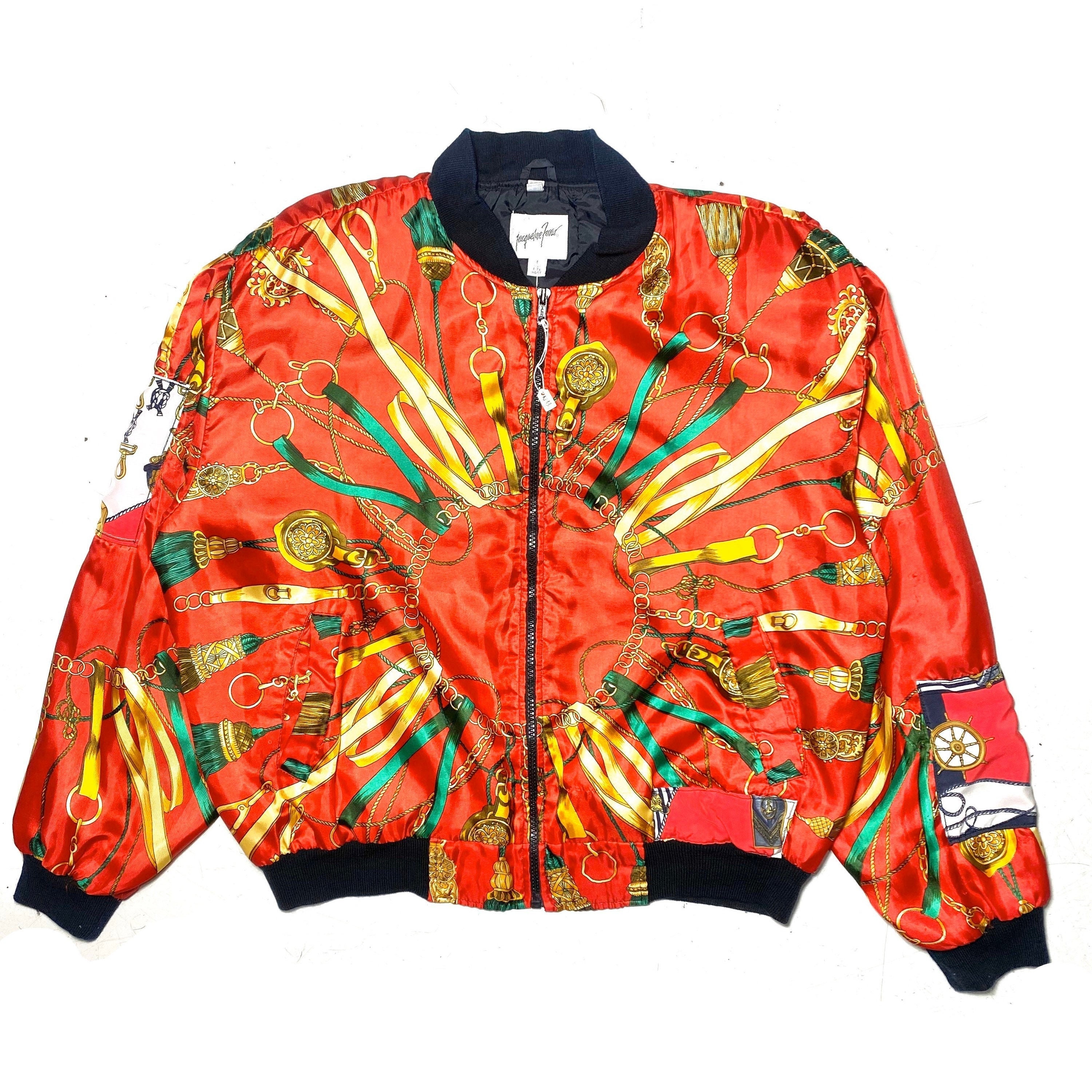 Jaqueline Ferrar Red Satin Hermes Style Print Bomber Jacket Jaqueline Ferrar Red Satin Hermes Style Print Bomber Jacket