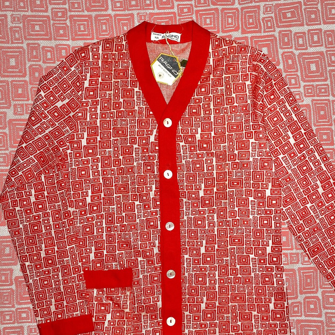 Ragno 1960s BNWT Cotton Cardigan, Op-art Red-white Jacquard Allover ...