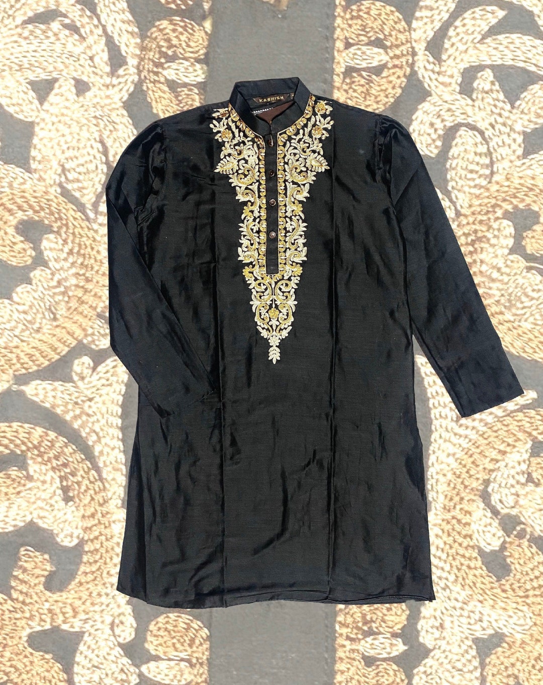 Indian Kurta Men Long Dress Shirt, Black With Silk Embroidery on Chest ...