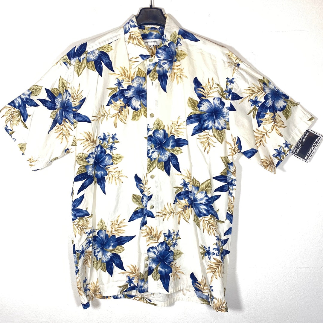 Camisa hawaiana de algodón Pierre Cardin, blanca con flores tropicales ...