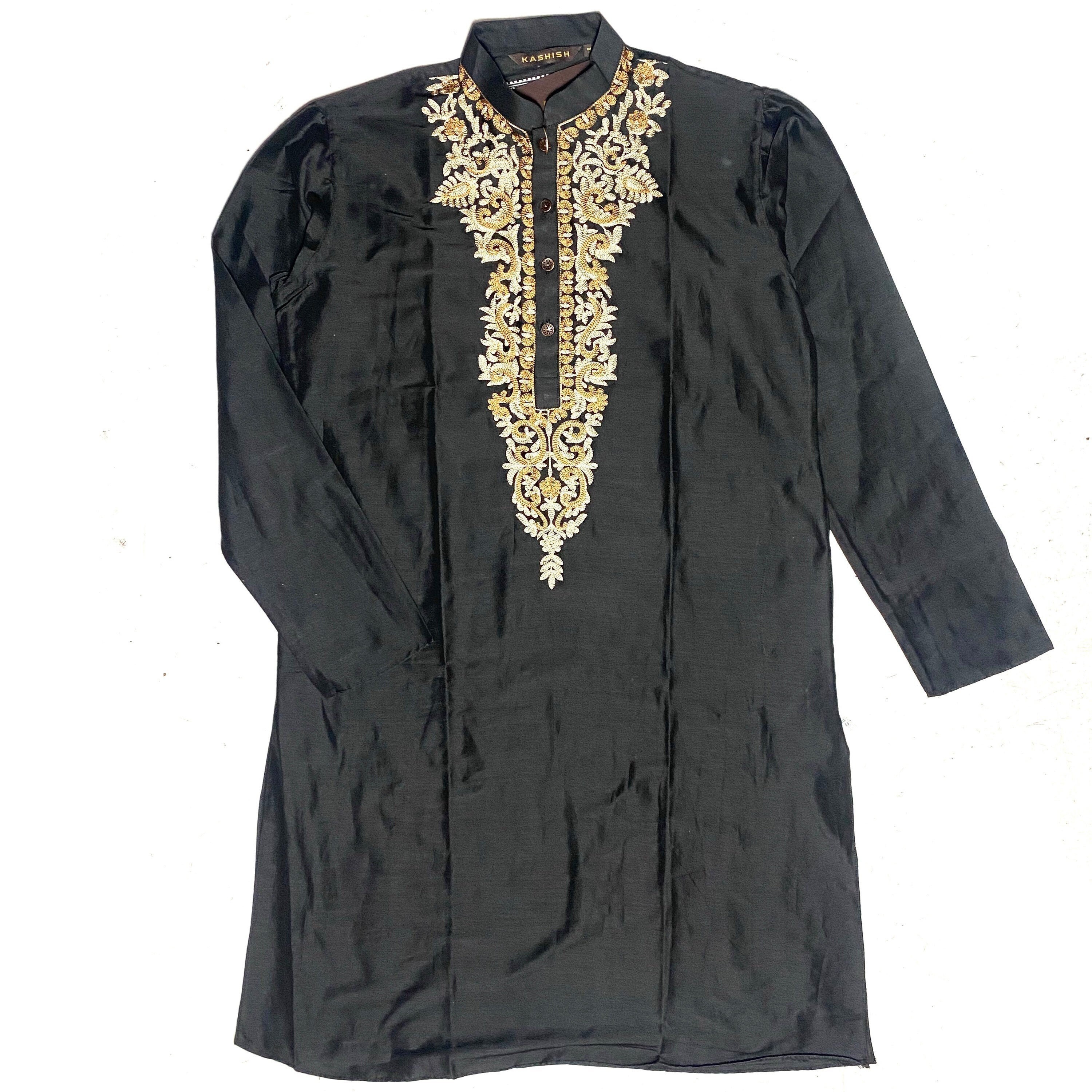 Indian Kurta Men Long Dress Shirt, Black With Silk Embroidery on Chest ...