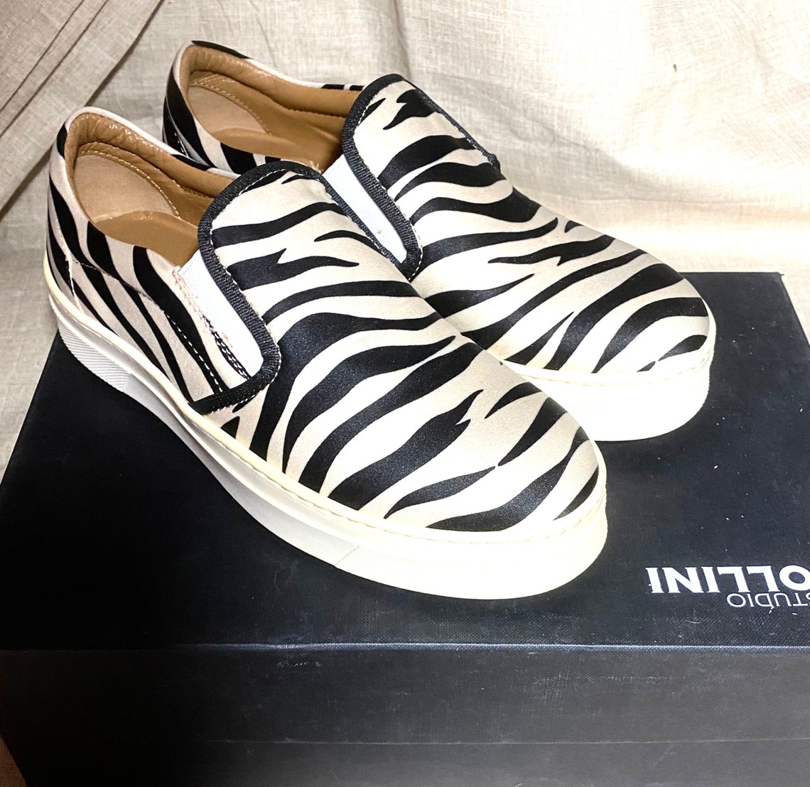 Pollini Studio Satin Zebra Animalier Slip on Sneakers Leather Sole ...