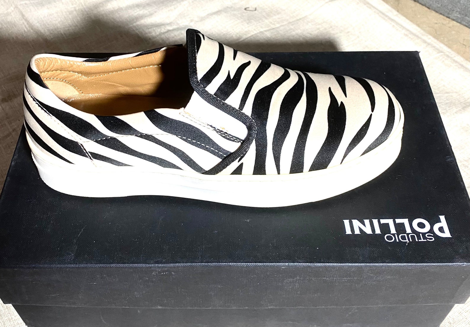 Pollini Studio Satin Zebra Animalier Slip on Sneakers Leather Sole ...