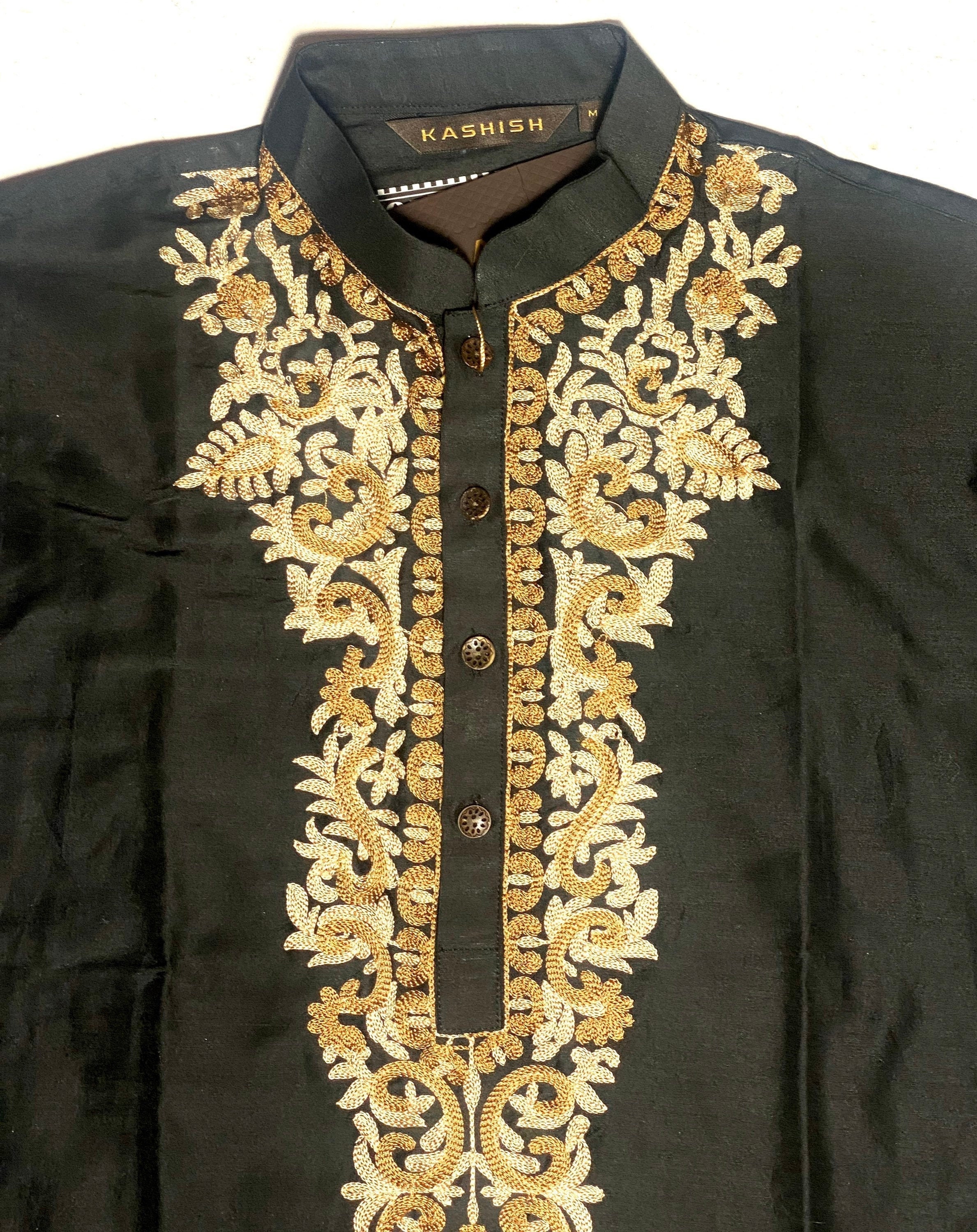 Indian Kurta Men Long Dress Shirt, Black With Silk Embroidery on Chest ...