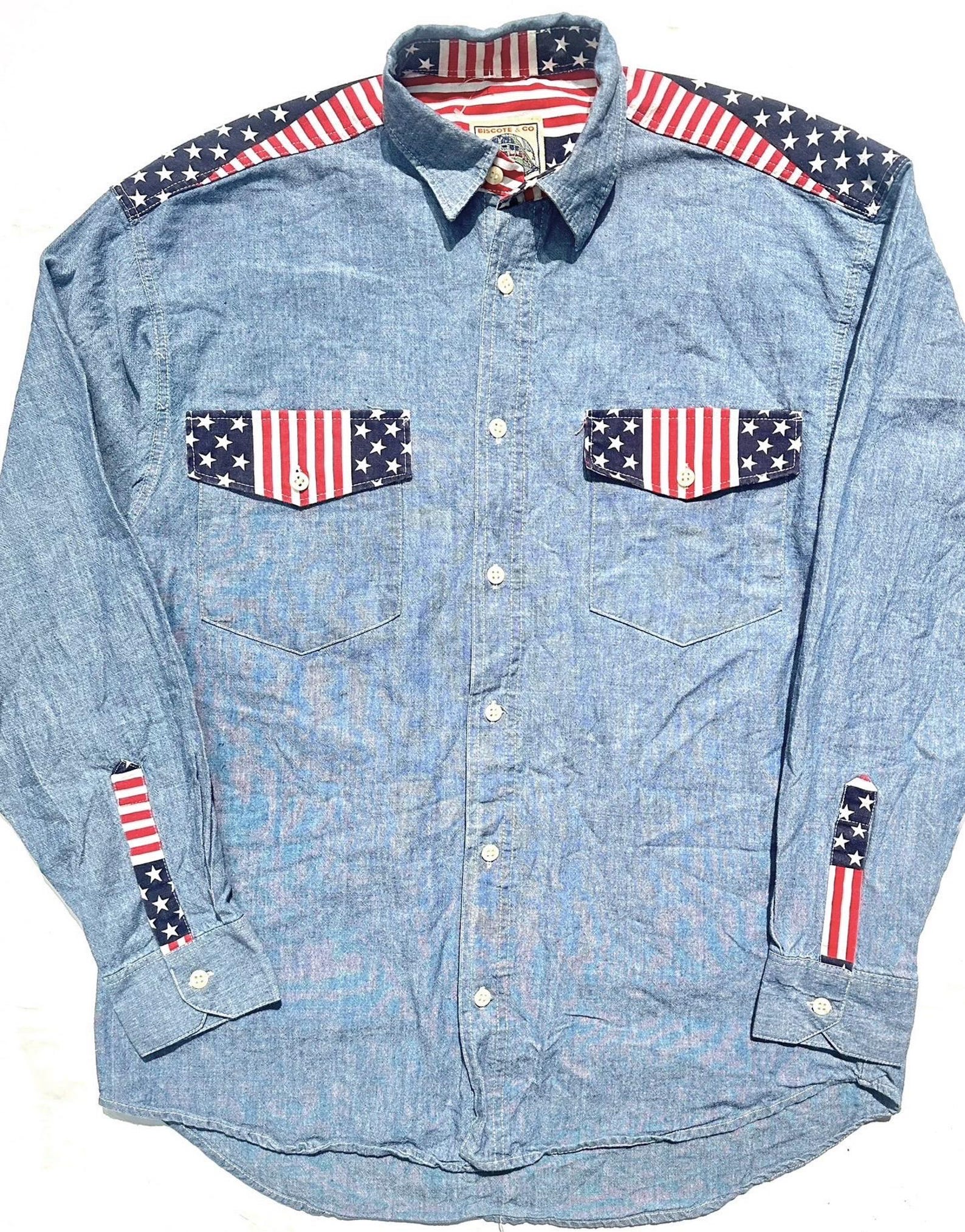 Biscote & Co Denim Shirt W US Flag Inserts at the Collar, Shoulders and ...