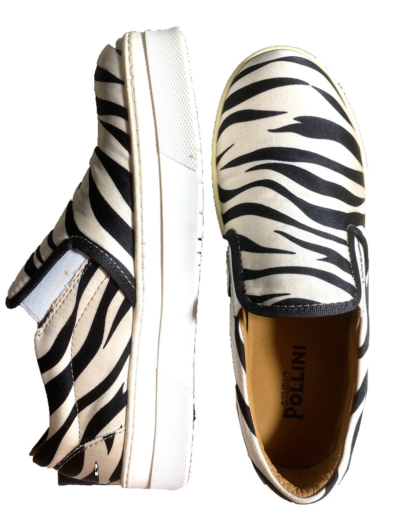 Pollini Studio Satin Zebra Animalier Slip on Sneakers Leather Sole ...