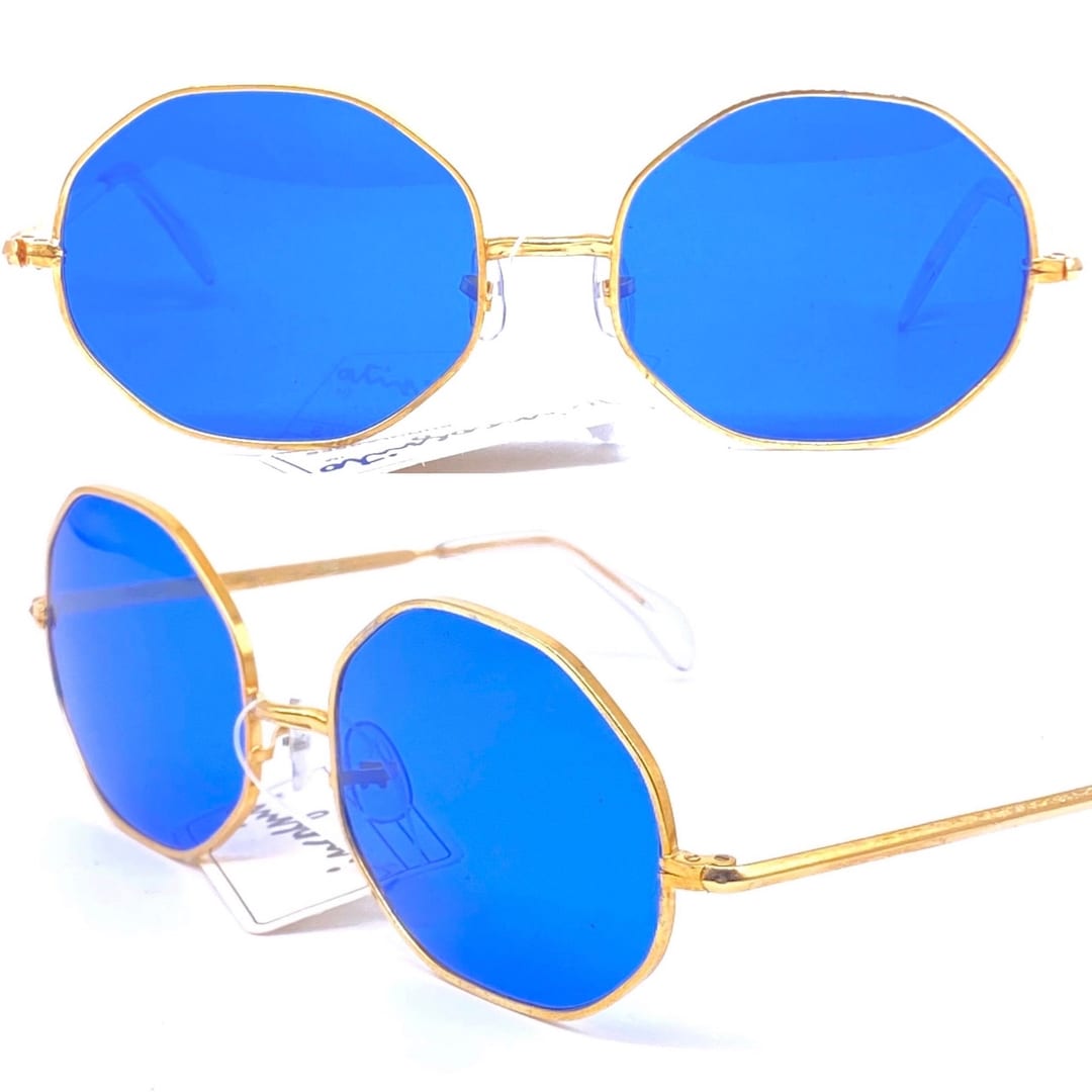 Incognito Oversize Octagonal Sunglasses in Golden Metal W Blue Crystal ...