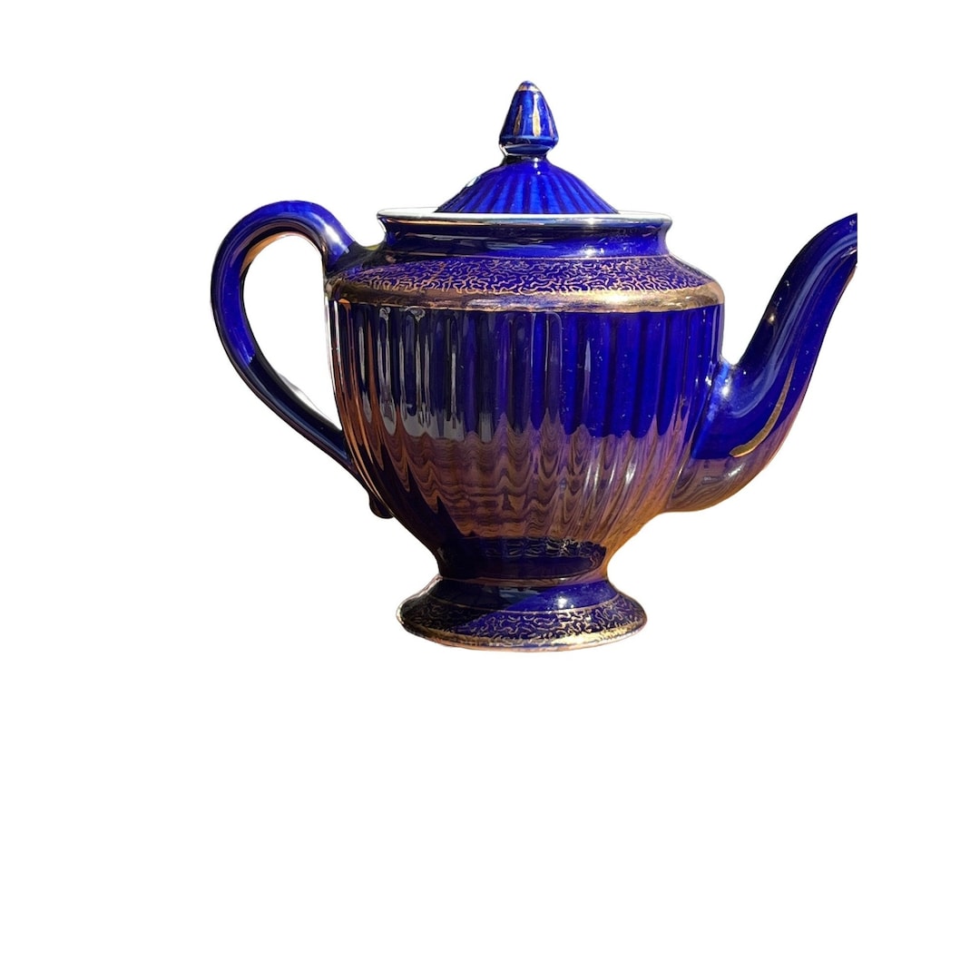 Vintage Cobalt Blue Hall Teapot Los Angeles Gold Trim Ribbed - Etsy