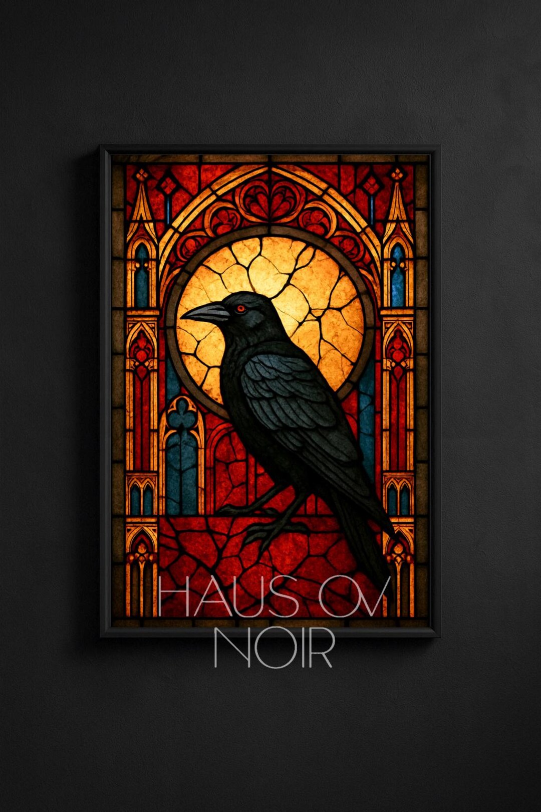 Gothic Raven Stained Glass Art, Dark Crow Window Panel, Crescent Moon ...