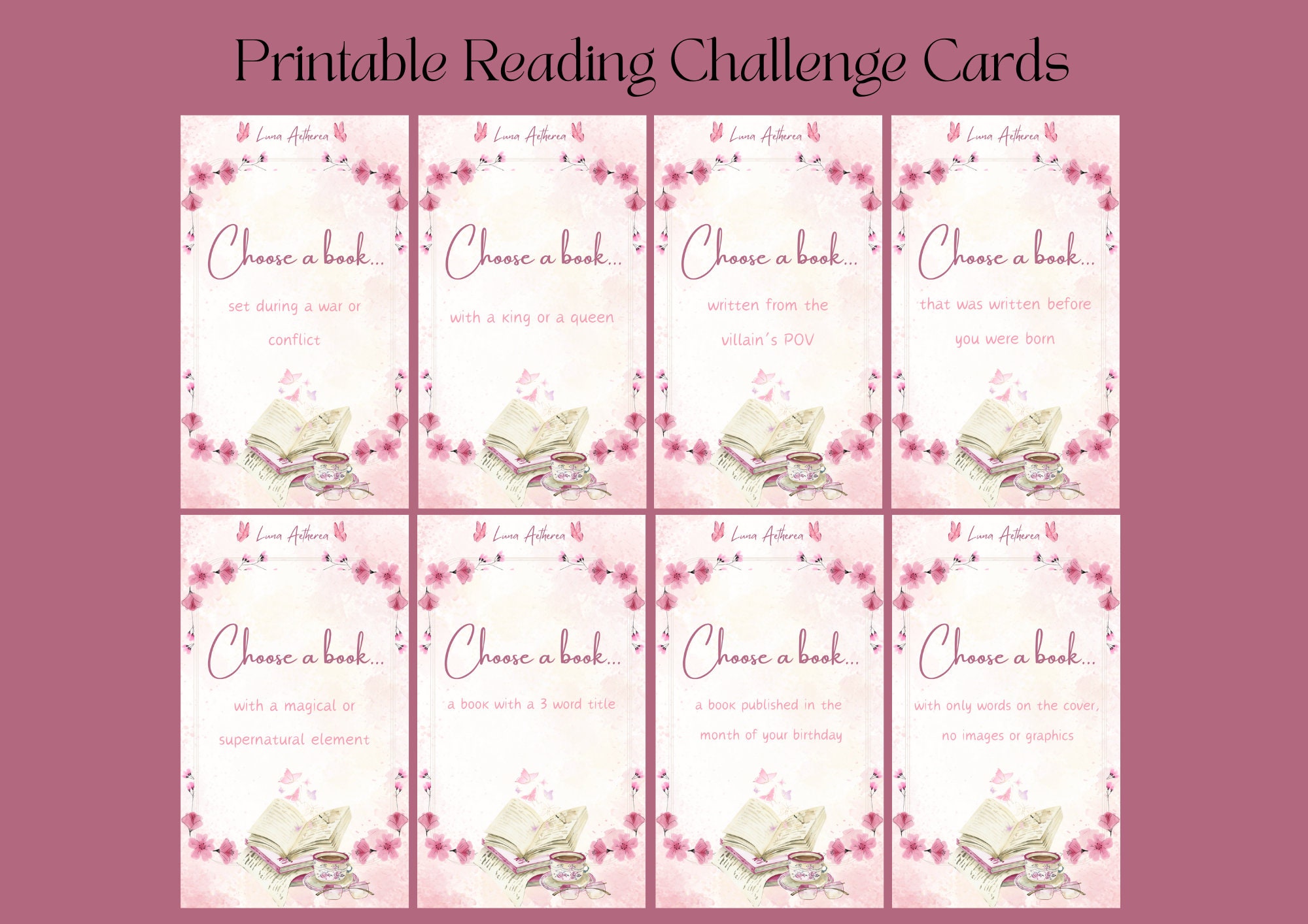 105 Printable Reading Challenge Cards, Printable Reading Ideas, Book ...