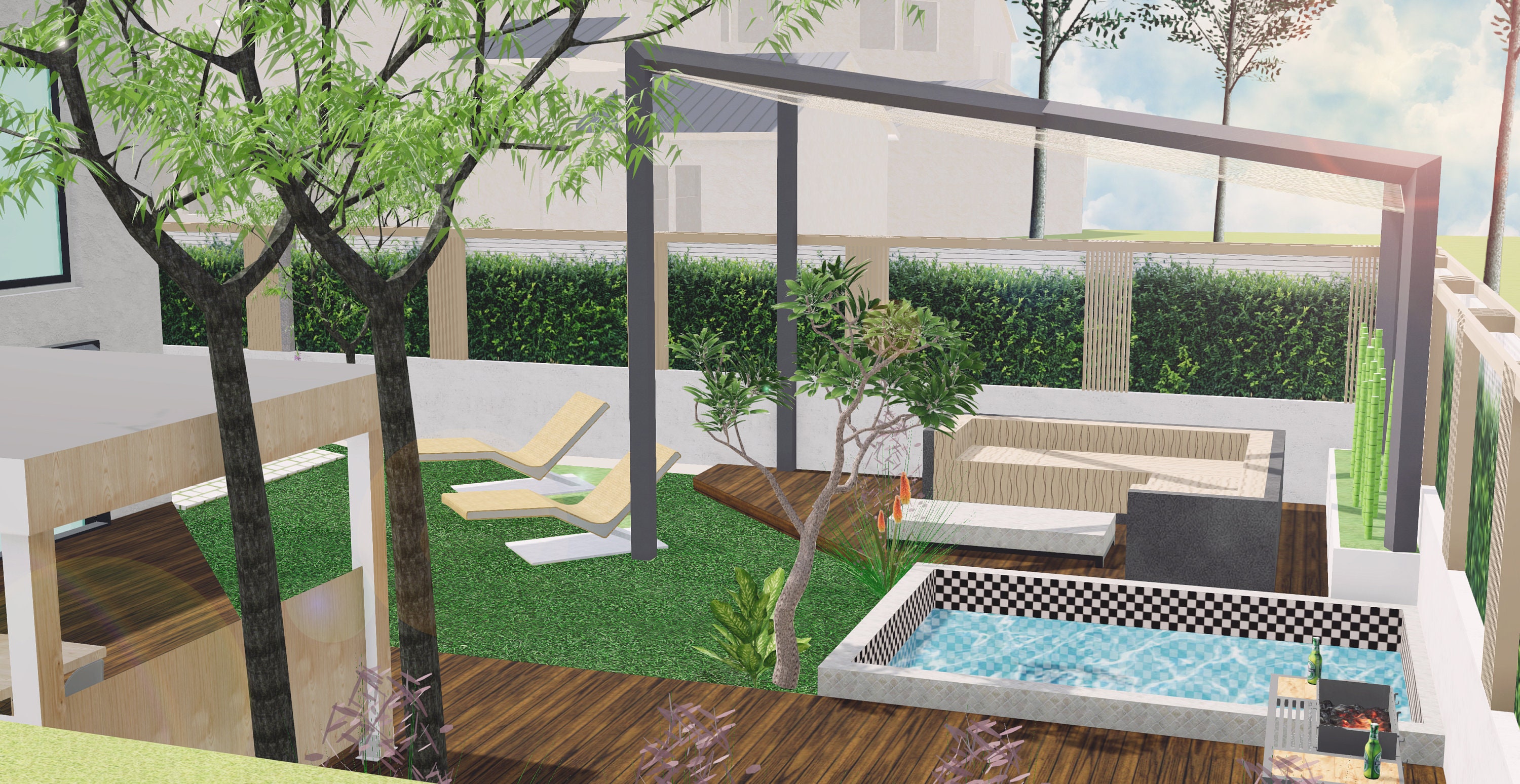 12m X 12m Modern Garden Design 3D Model | Minimalist Landscape Design| Back Garden Plan ...