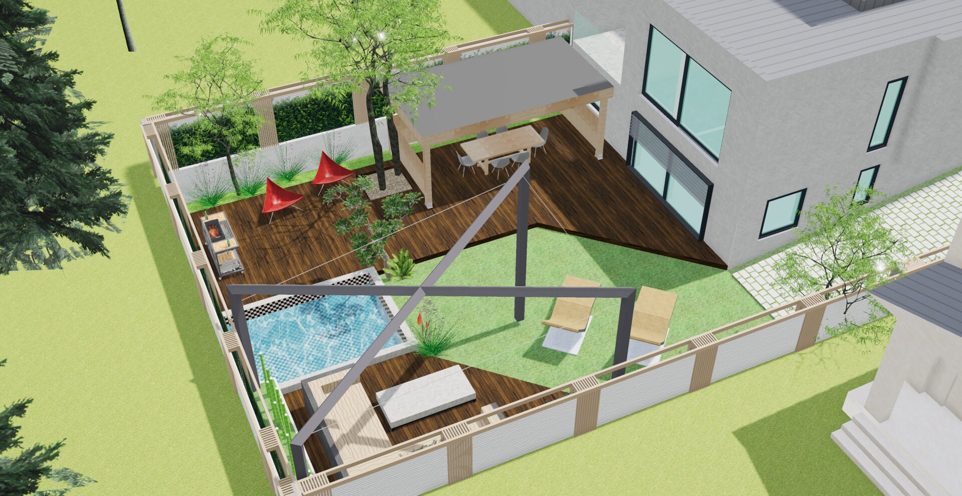 12m X 12m Modern Garden Design 3D Model | Minimalist Landscape Design| Back Garden Plan ...