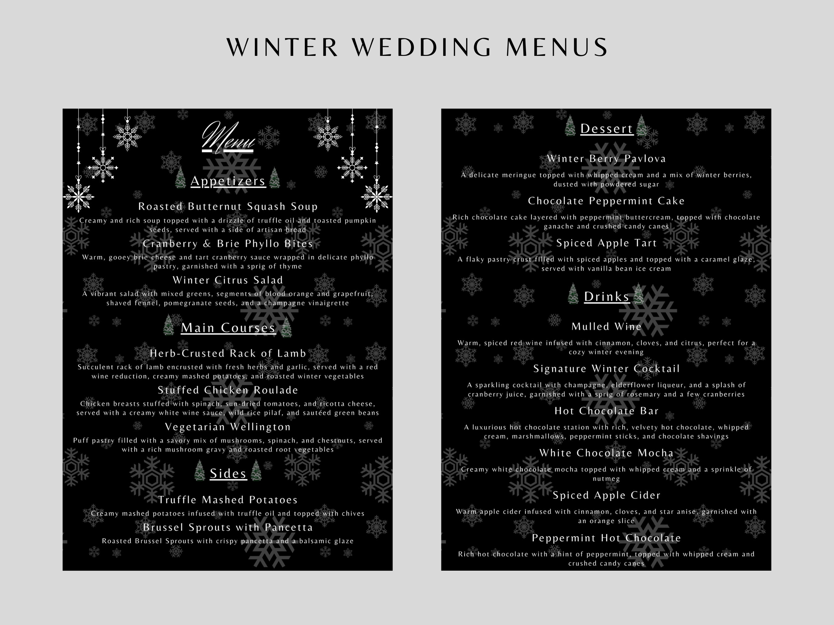 Winter Wedding Menus Elegant and Chic Christmas Party Menus Snowflake ...