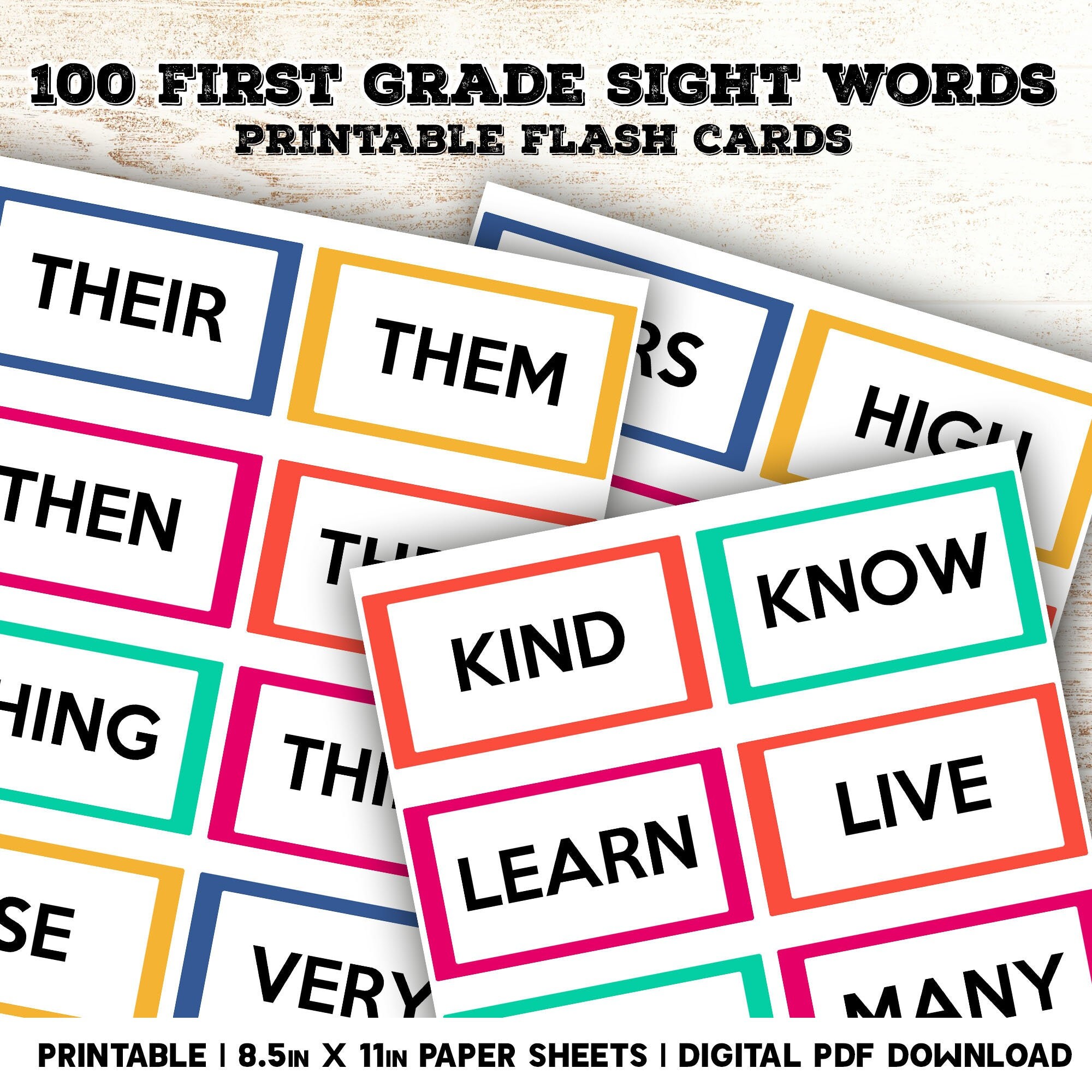100 First Grade Sight Words Flash Cards, Printable Learning Sheets, PDF ...