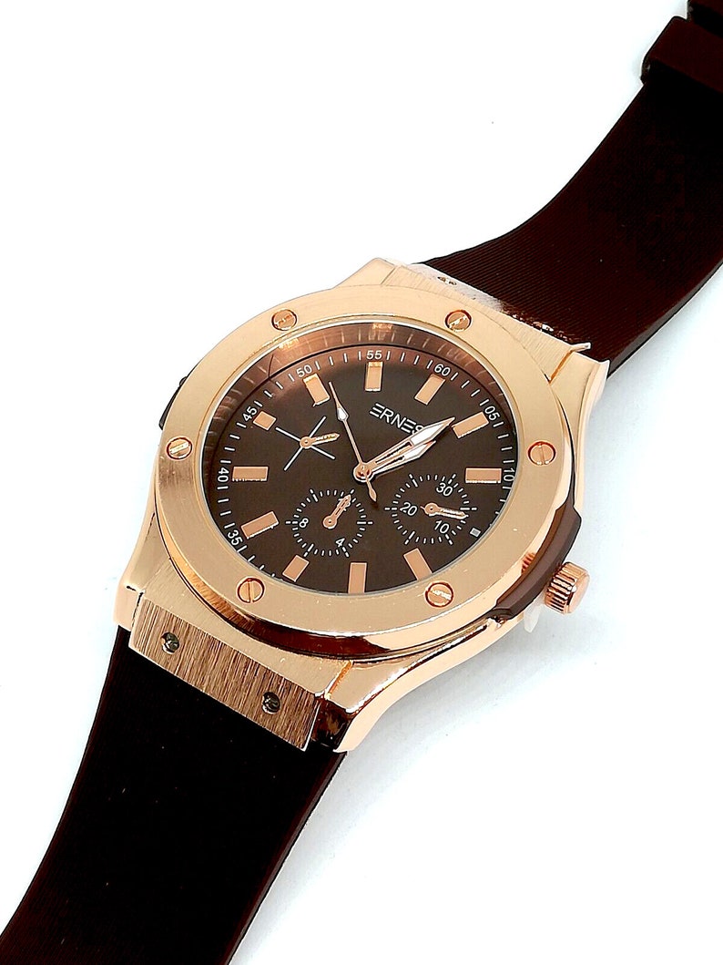 Watch Chic Man Men Luxury Trend Silicone Band Brown Metal Rose Gold ...