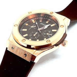 Watch Chic Man Men Luxury Trend Silicone Band Brown Metal Rose Gold ...