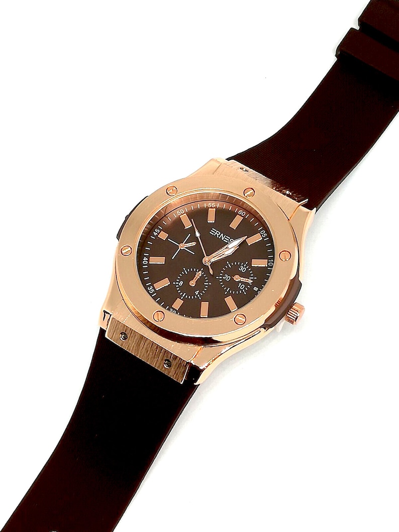 Watch Chic Man Men Luxury Trend Silicone Band Brown Metal Rose Gold ...