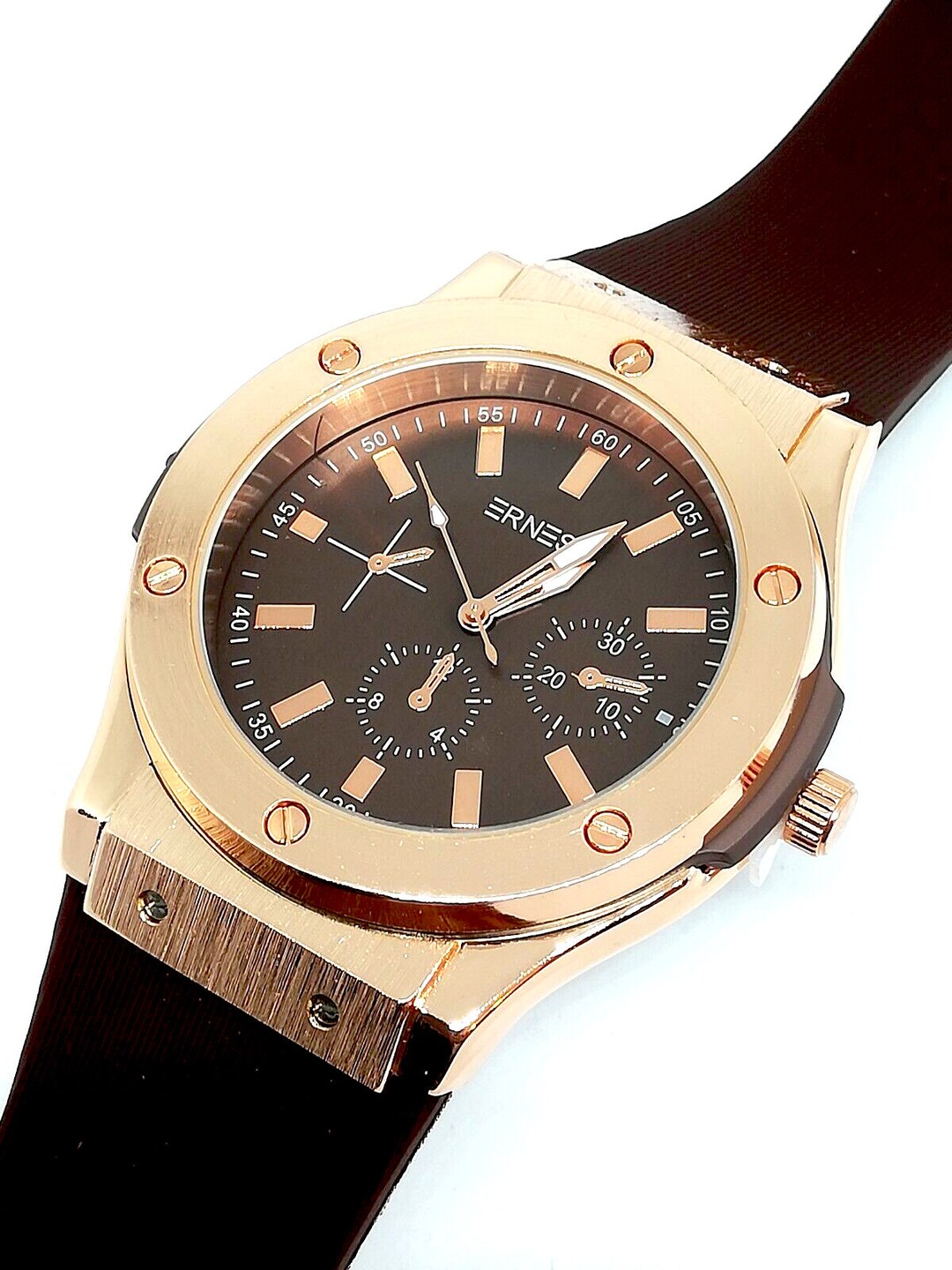 Watch Chic Man Men Luxury Trend Silicone Band Brown Metal Rose Gold ...