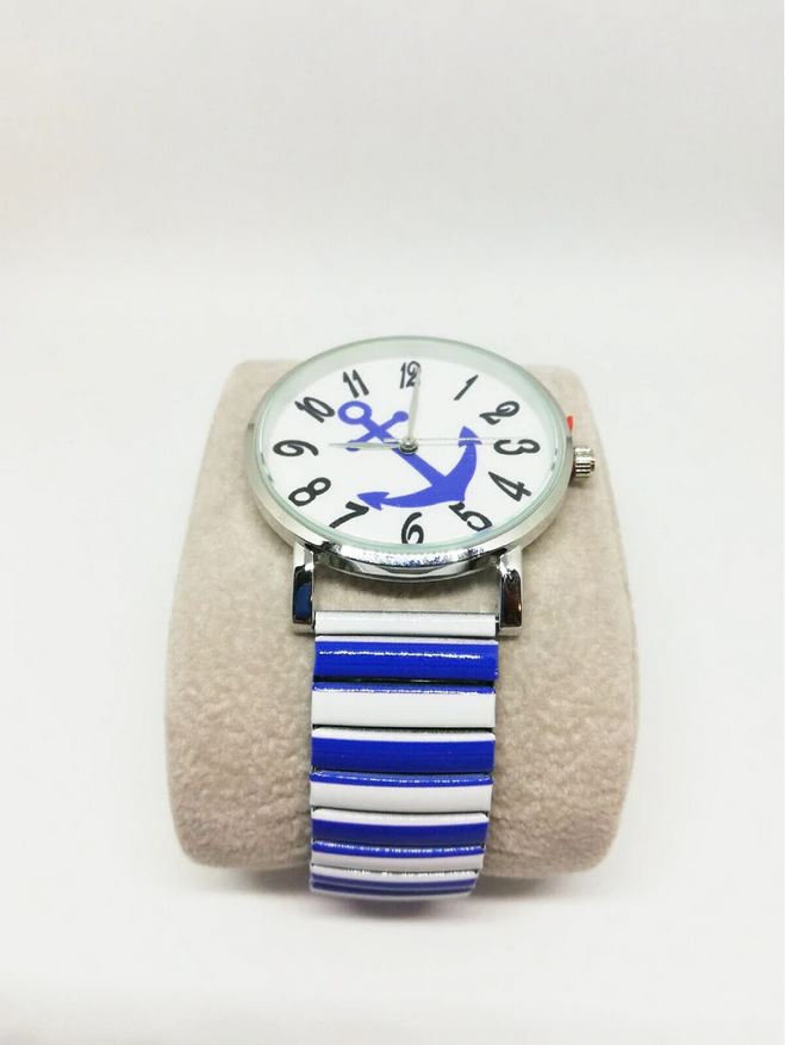 Women's Quartz Watch With Marine Anchor Pattern, White and Blue Stripes ...