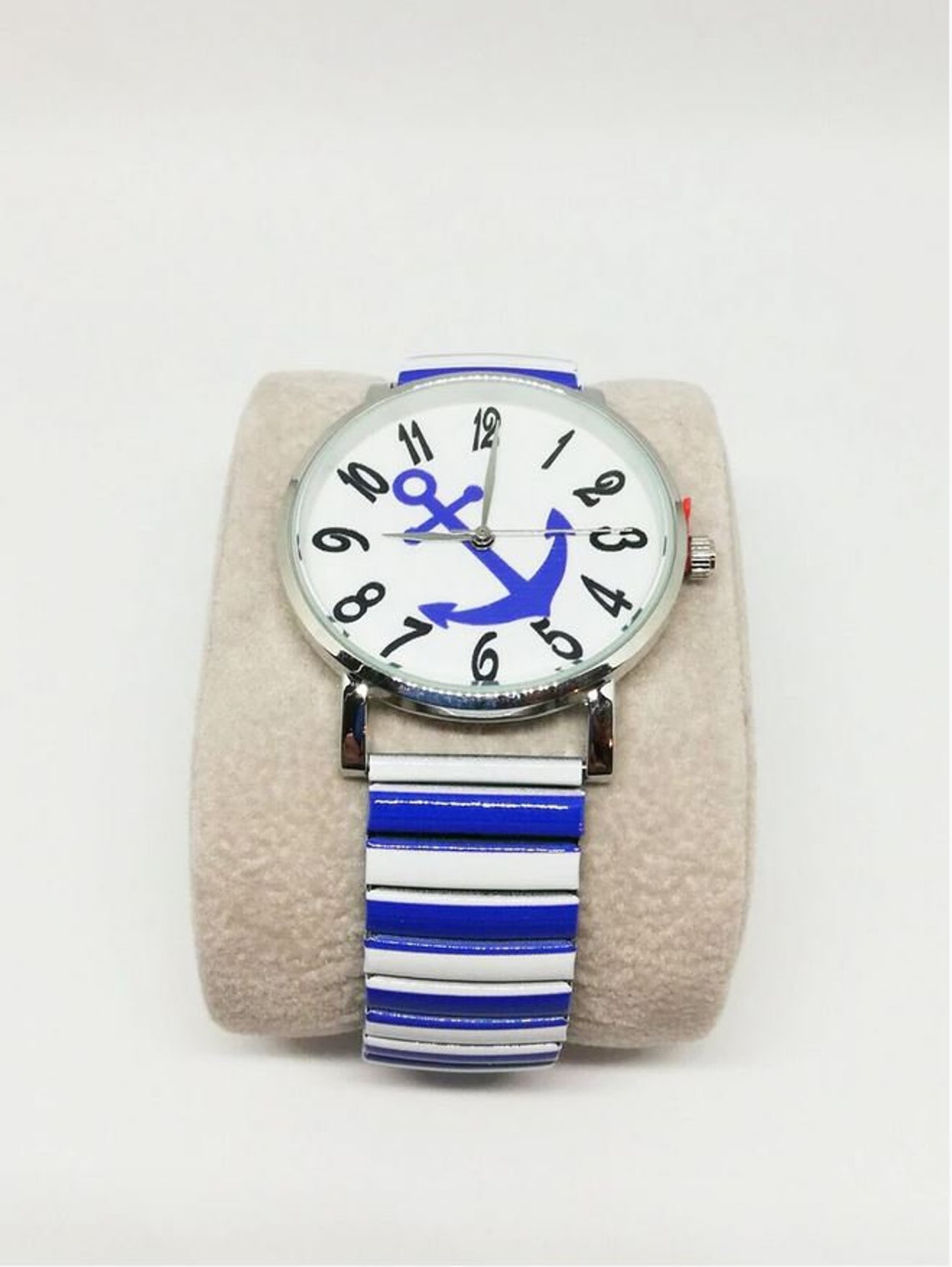 Women's Quartz Watch With Marine Anchor Pattern, White and Blue Stripes ...